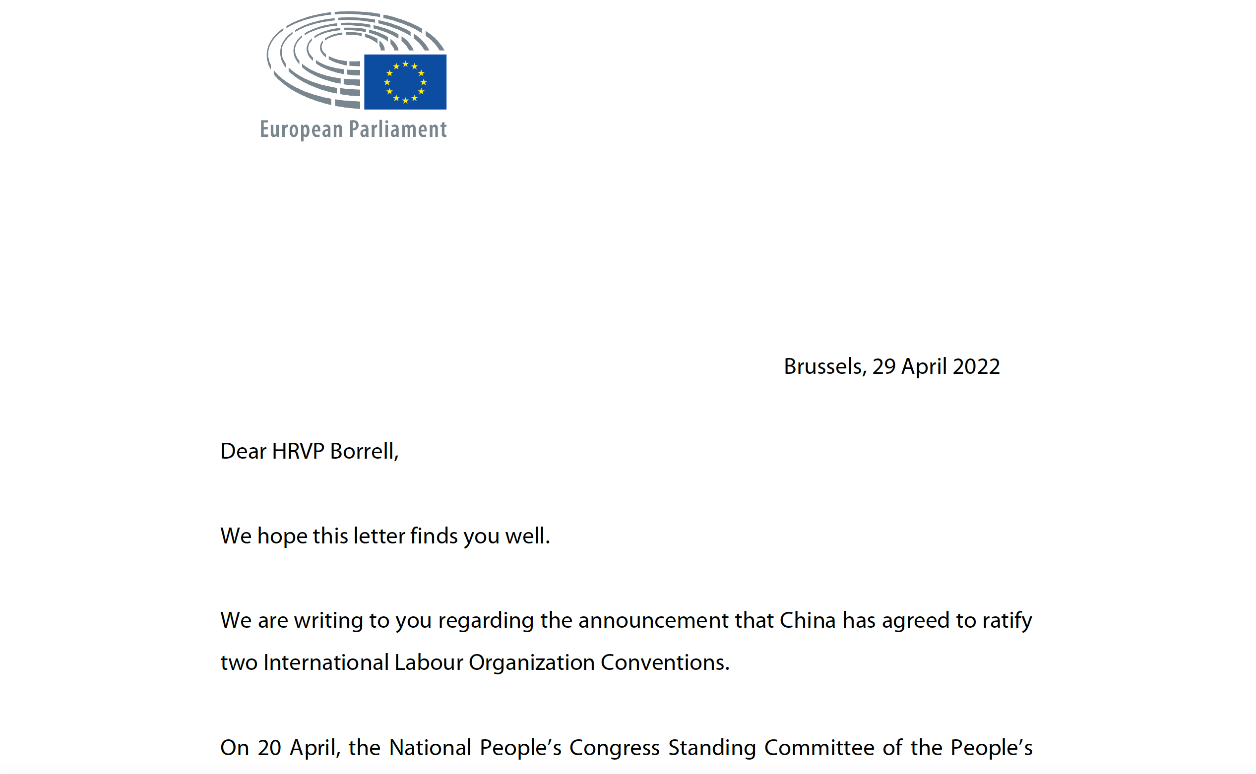 China ratifies two ILO Conventions | Letter to Borrell and Answer ...